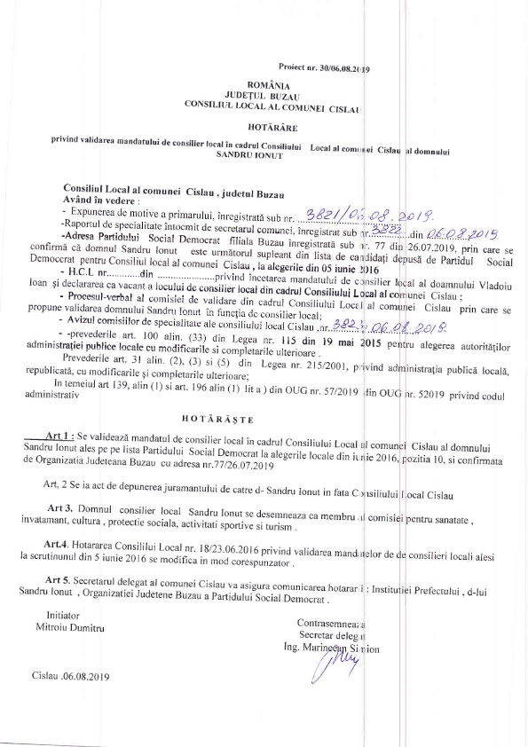 Consiliul local Cislău a validat mandatul de consilier al domnului ...